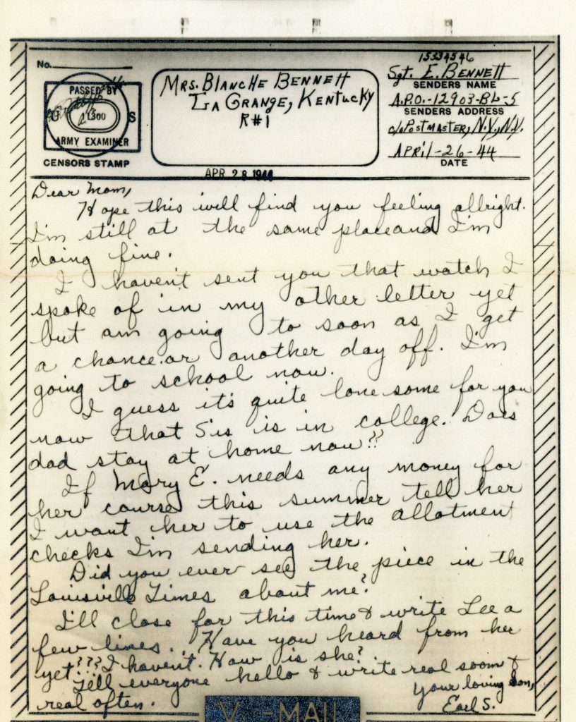 Earl D. Bennett Letter – 4-26-44 To Mom - Oldham County History Center