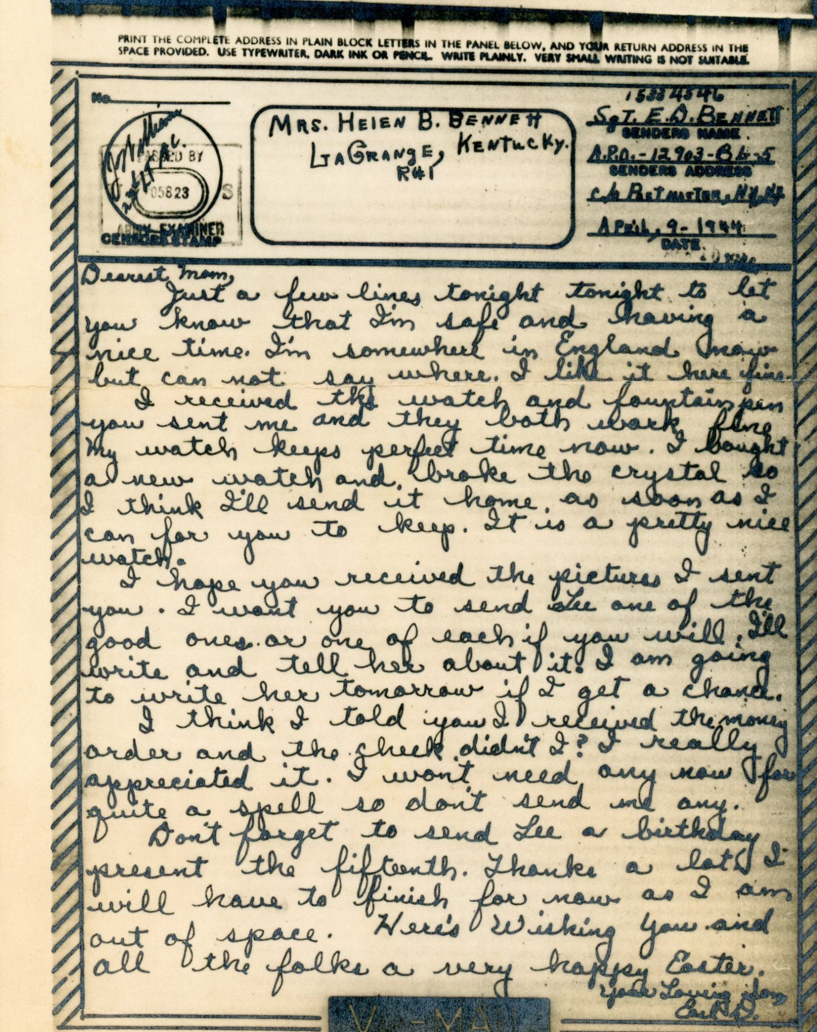 Earl D. Bennett Letter – 4-9-44 To Mom - Oldham County History Center