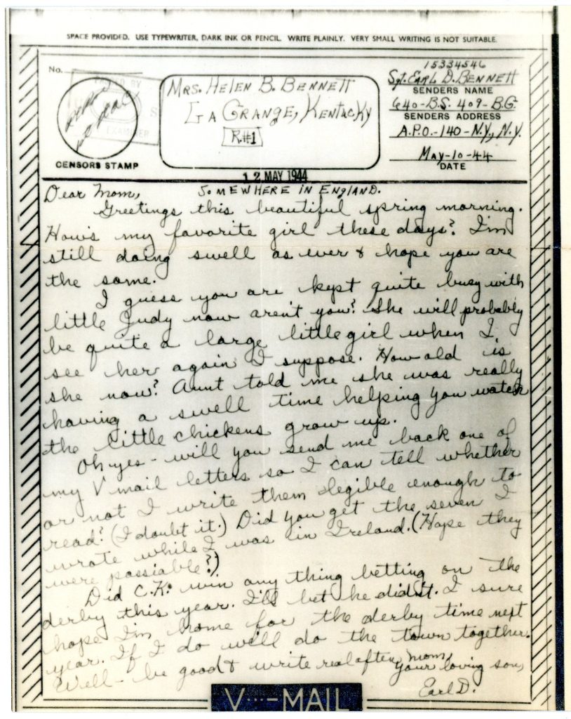 Earl D. Bennett Letter – 5-10-44 To Mom - Oldham County History Center