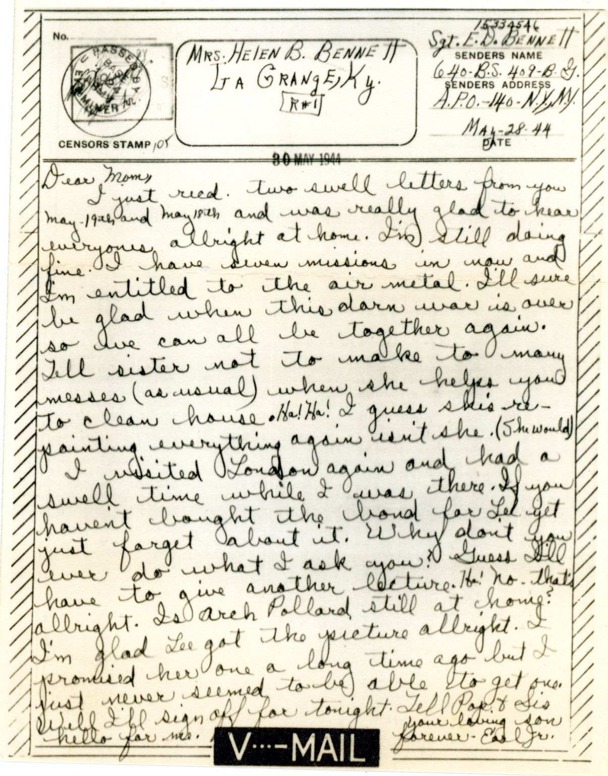 Earl D. Bennett Letter – 5-28-44 To Mom (Part 1) - Oldham County ...