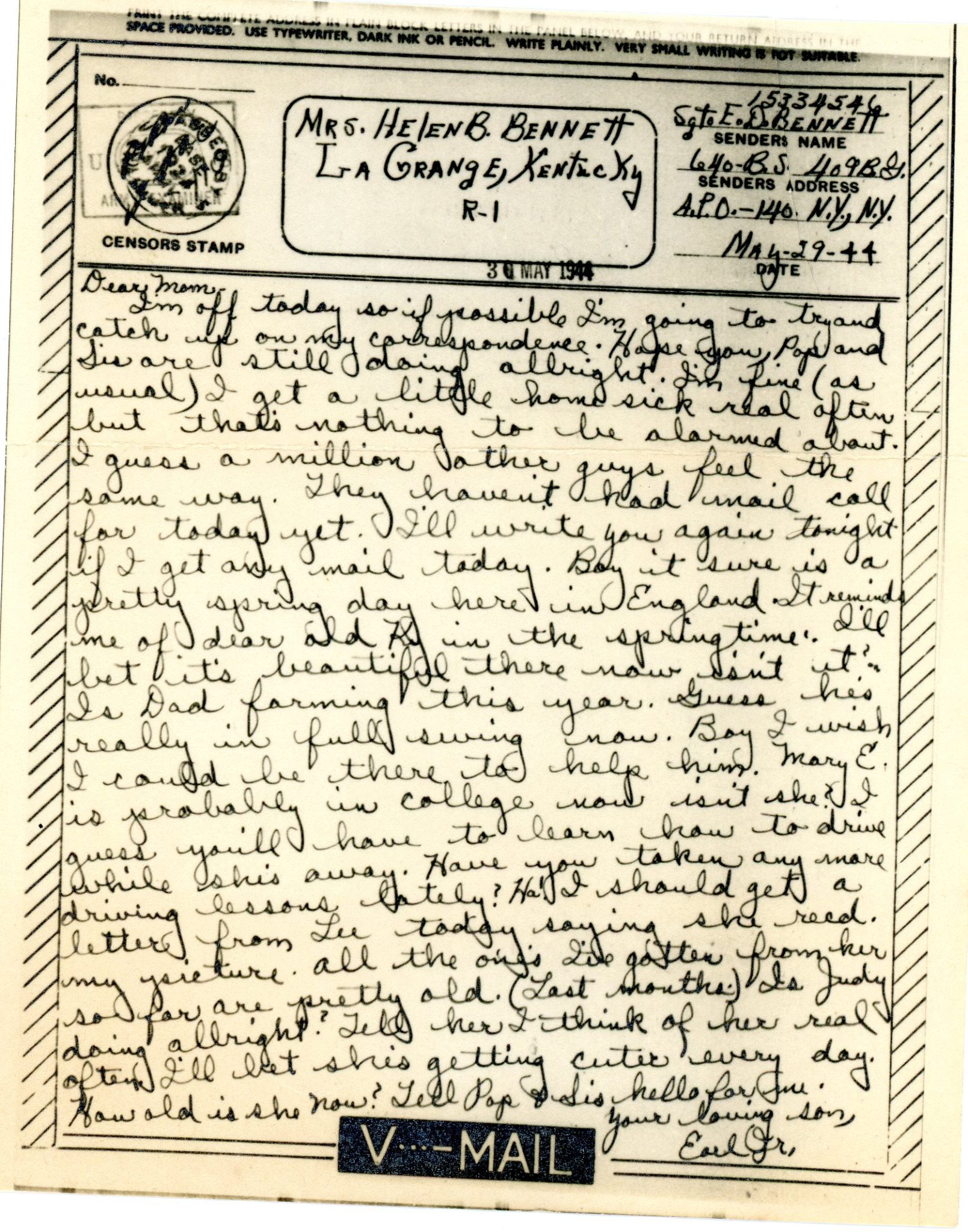 Earl D. Bennett Letter – 5-29-44 To Mom (Part 1) - Oldham County ...