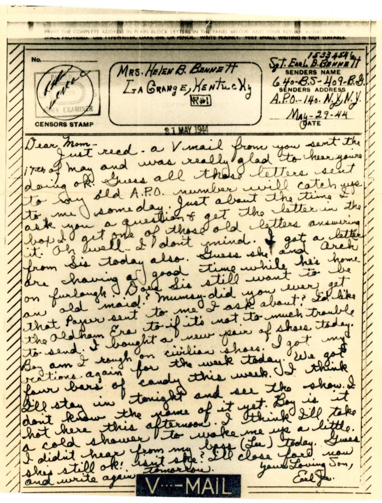 Earl D. Bennett Letter – 5-29-44 To Mom (Part 2) - Oldham County ...