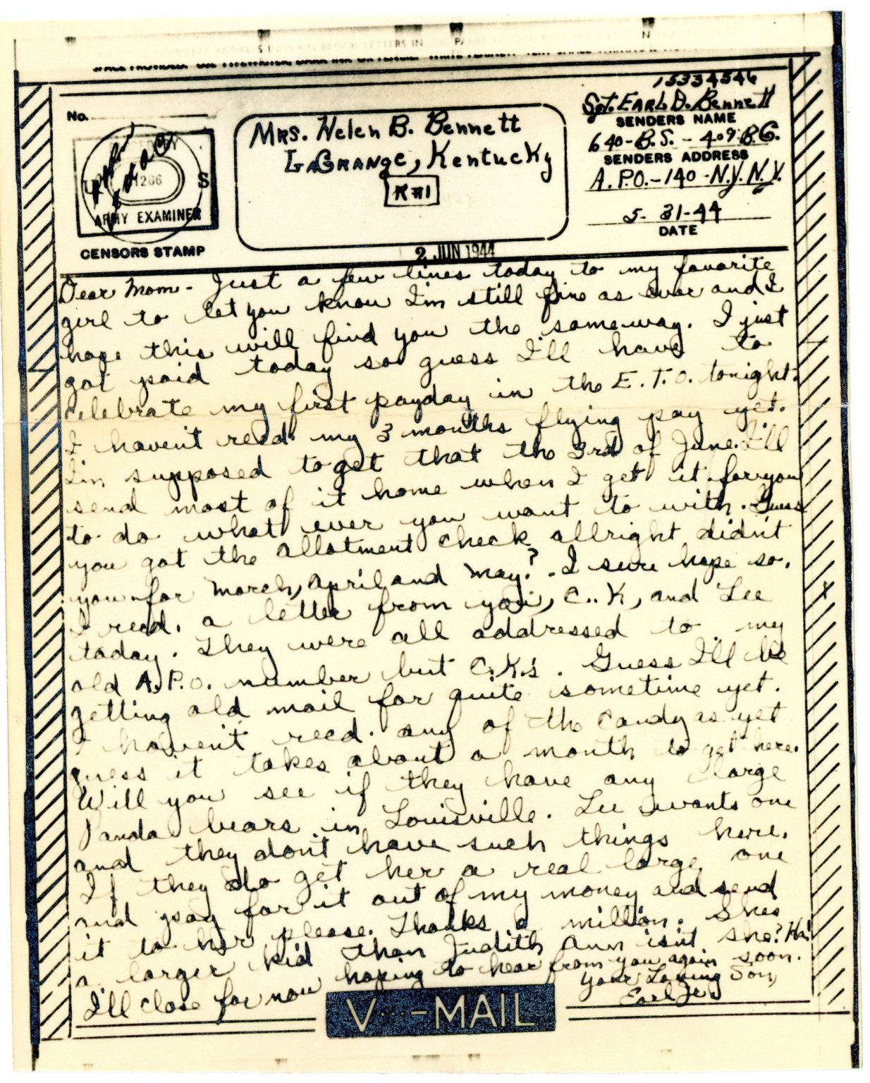 Earl D. Bennett Letter – 5-31-44 To Mom - Oldham County History Center