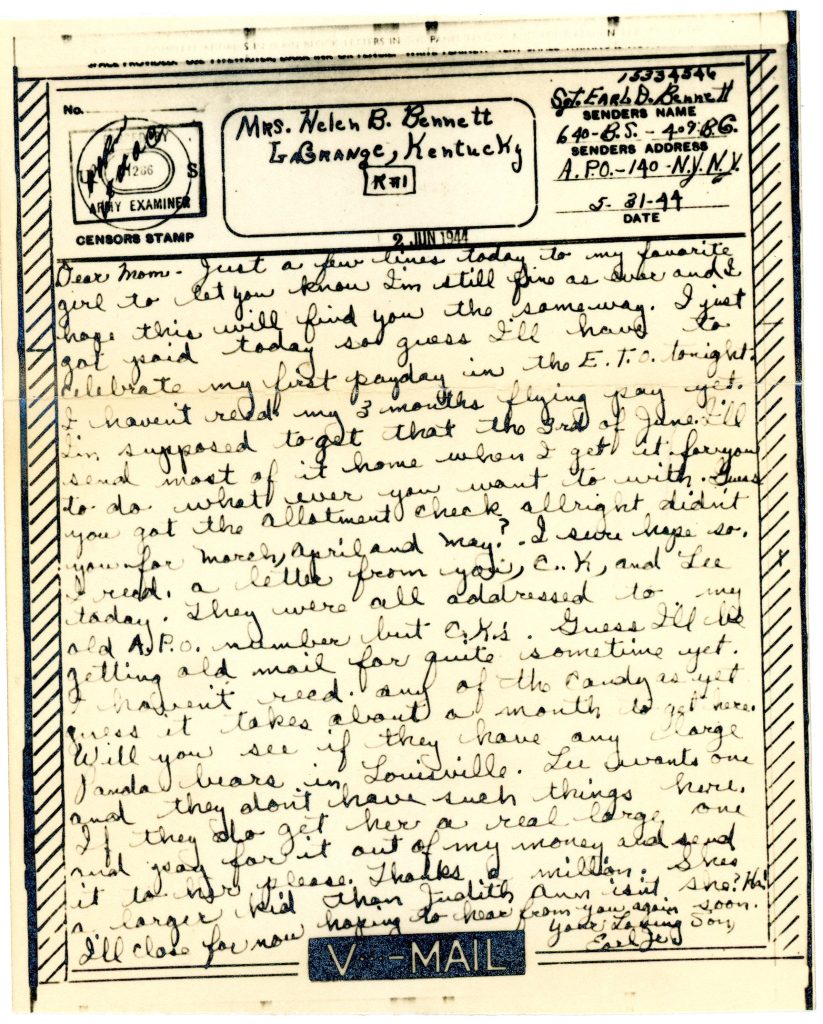 Earl D. Bennett Letter – 5-31-44 To Mom - Oldham County History Center