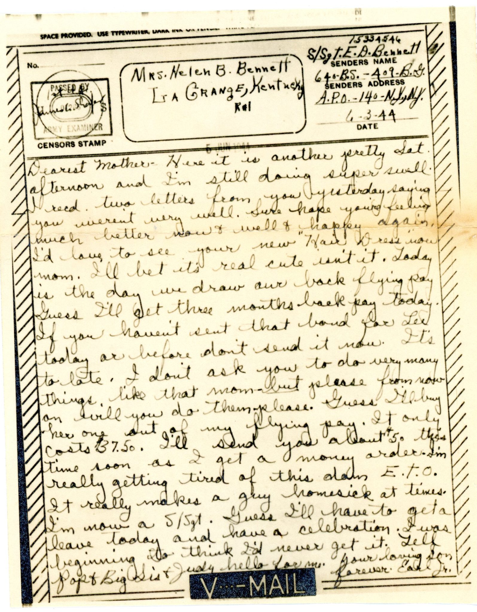 Earl D. Bennett Letter – 6-3-44 To Mom - Oldham County History Center